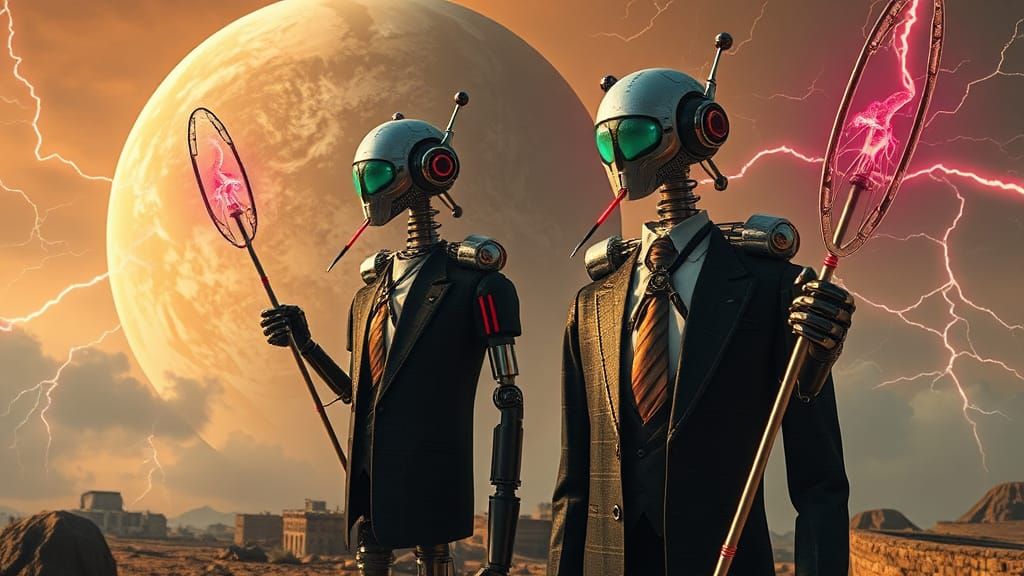 Trurl and Klapauscius thin spindly cybercore robotic mechajuju scepters ...