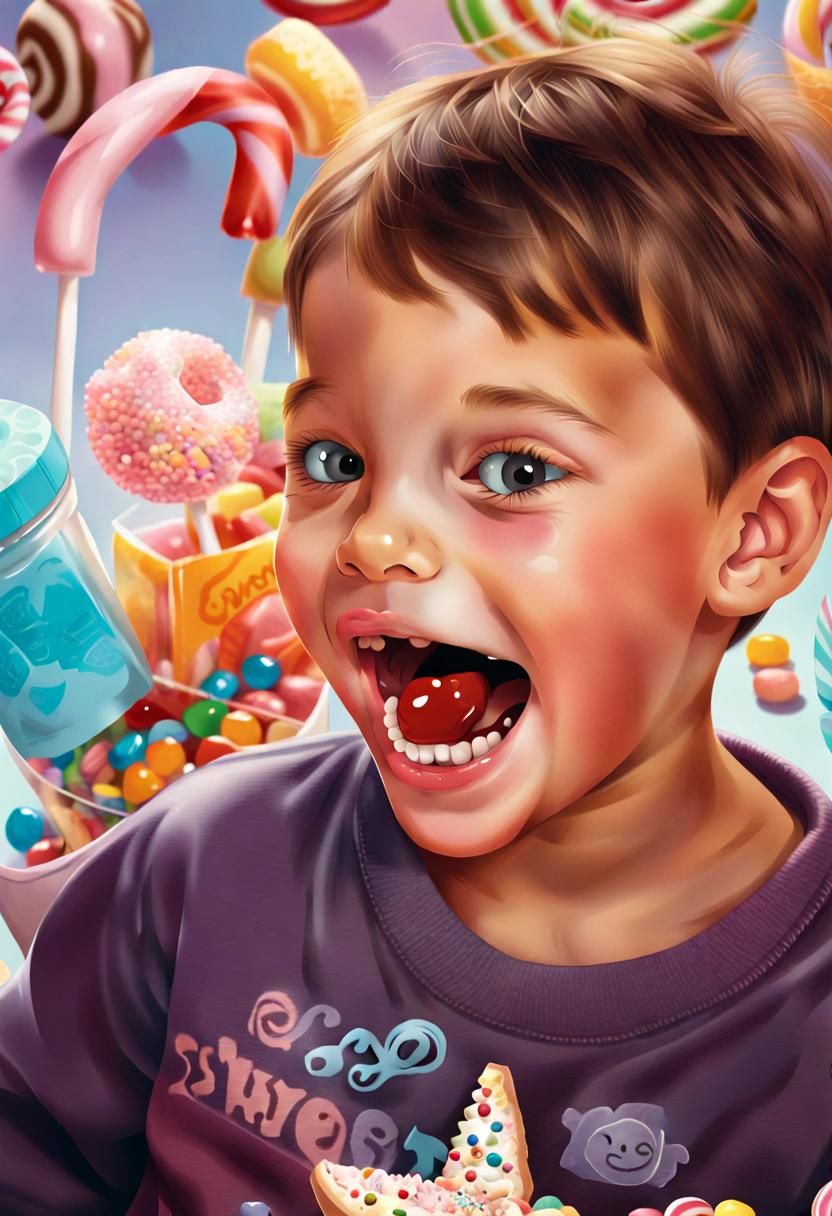 child illustration surrounded by sweets and candy with two front teeth ...