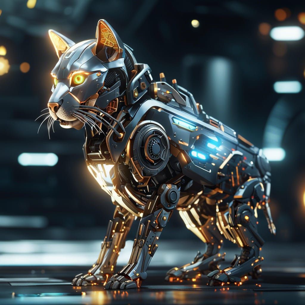 Pets transformed into cybernetic marvels, their fur replaced with sleek ...