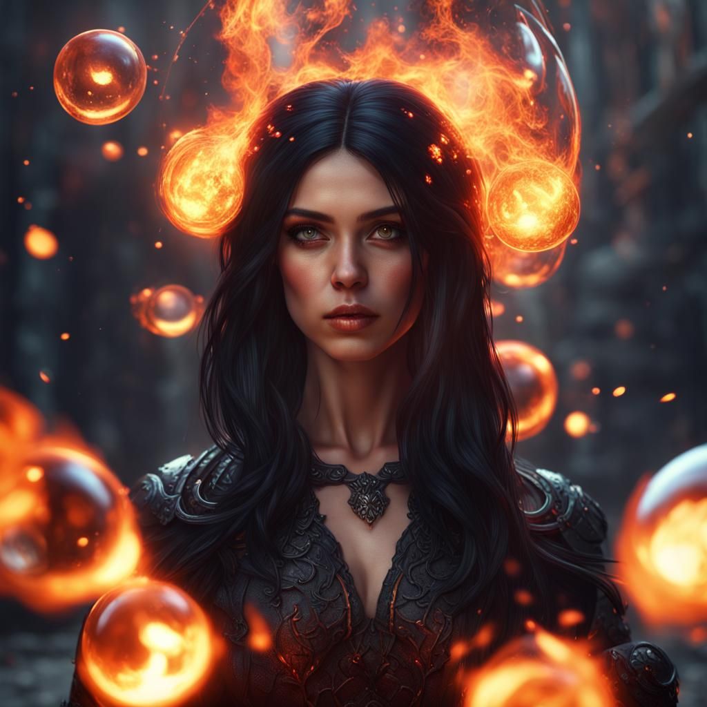 Girl with fire hands dark hair goth bubbles - AI Generated Artwork ...