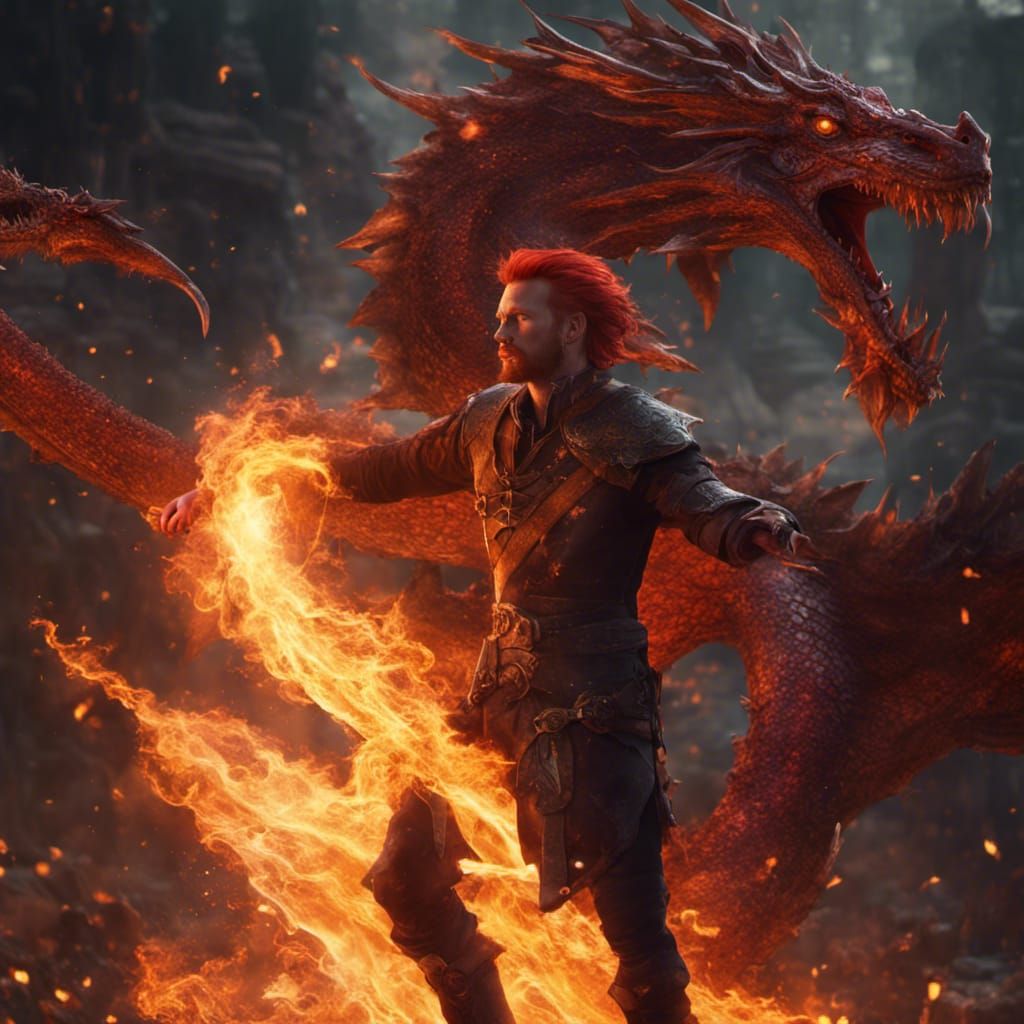 Man with a red fire hair in siut throwing dragon flame - AI Generated ...