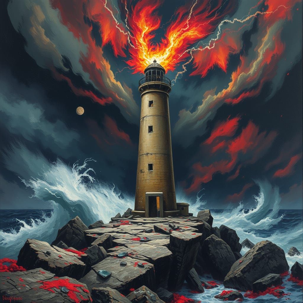Epic Cosmic Horror Lighthouse Shattered in Blood S... - AI Art