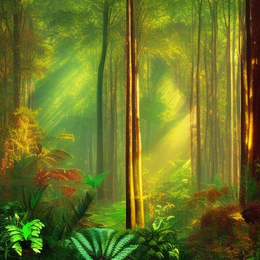 A lush, emerald forest teeming with life, where sunlight filtered ...