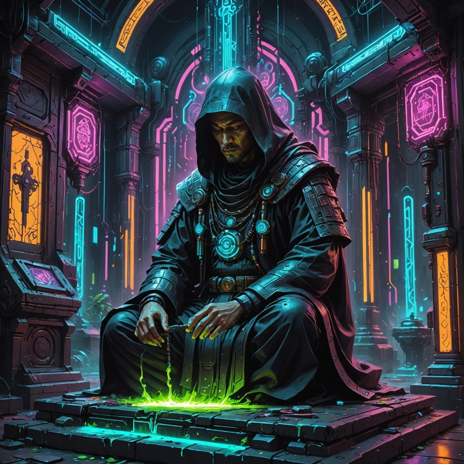 Envision a serene cyberpunk temple - Serene Cyberpunk Temple...