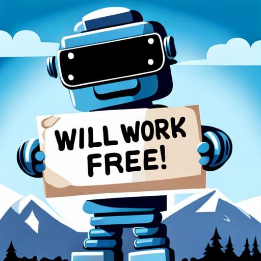 Words “will work free” sign: cute robot holding sign with words “will ...