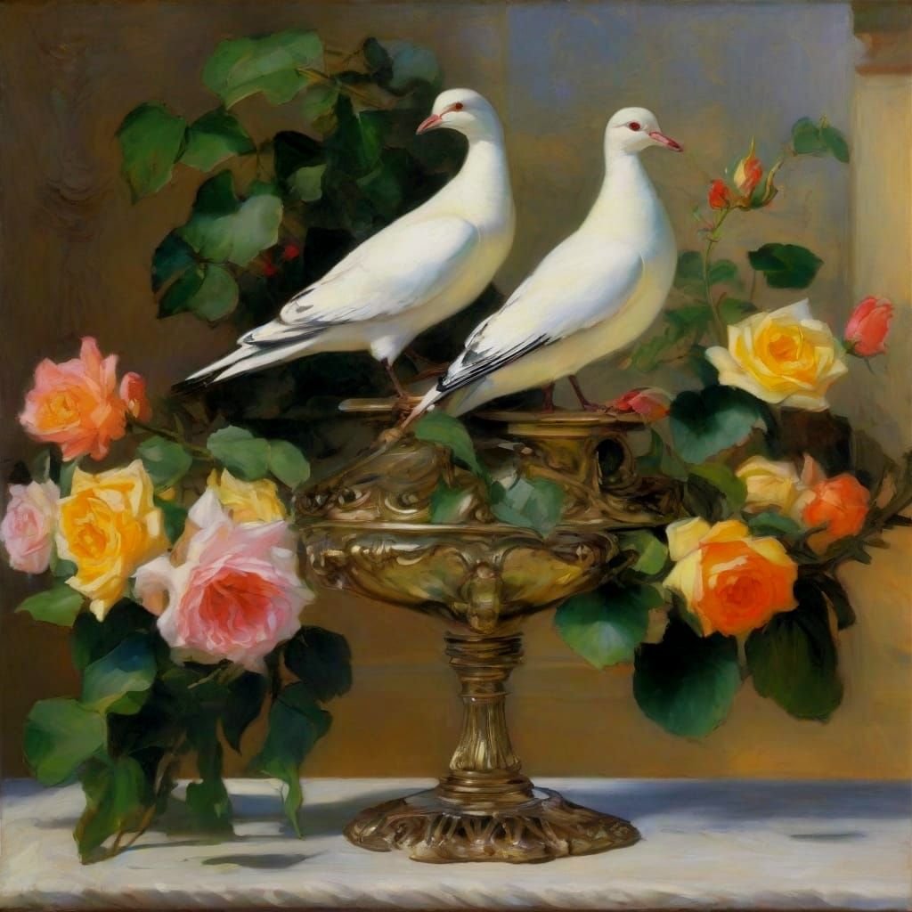 Two white doves in a classical painting