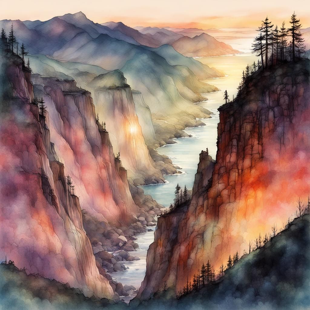 "Silhouette Cliffs Twin peaks with a ravine in-between the two cliffs ...