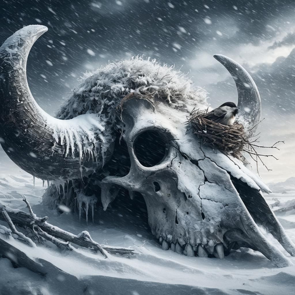 A small bird makes its nest in the eye socket of a large animal skull ...