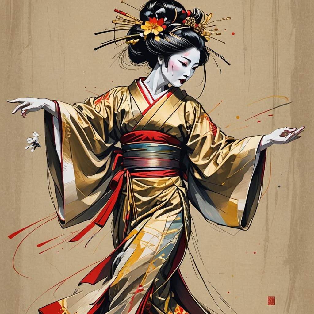 Minimalist scribble sketch of a traditional japaneese geisha dancer in motion, using varied ...