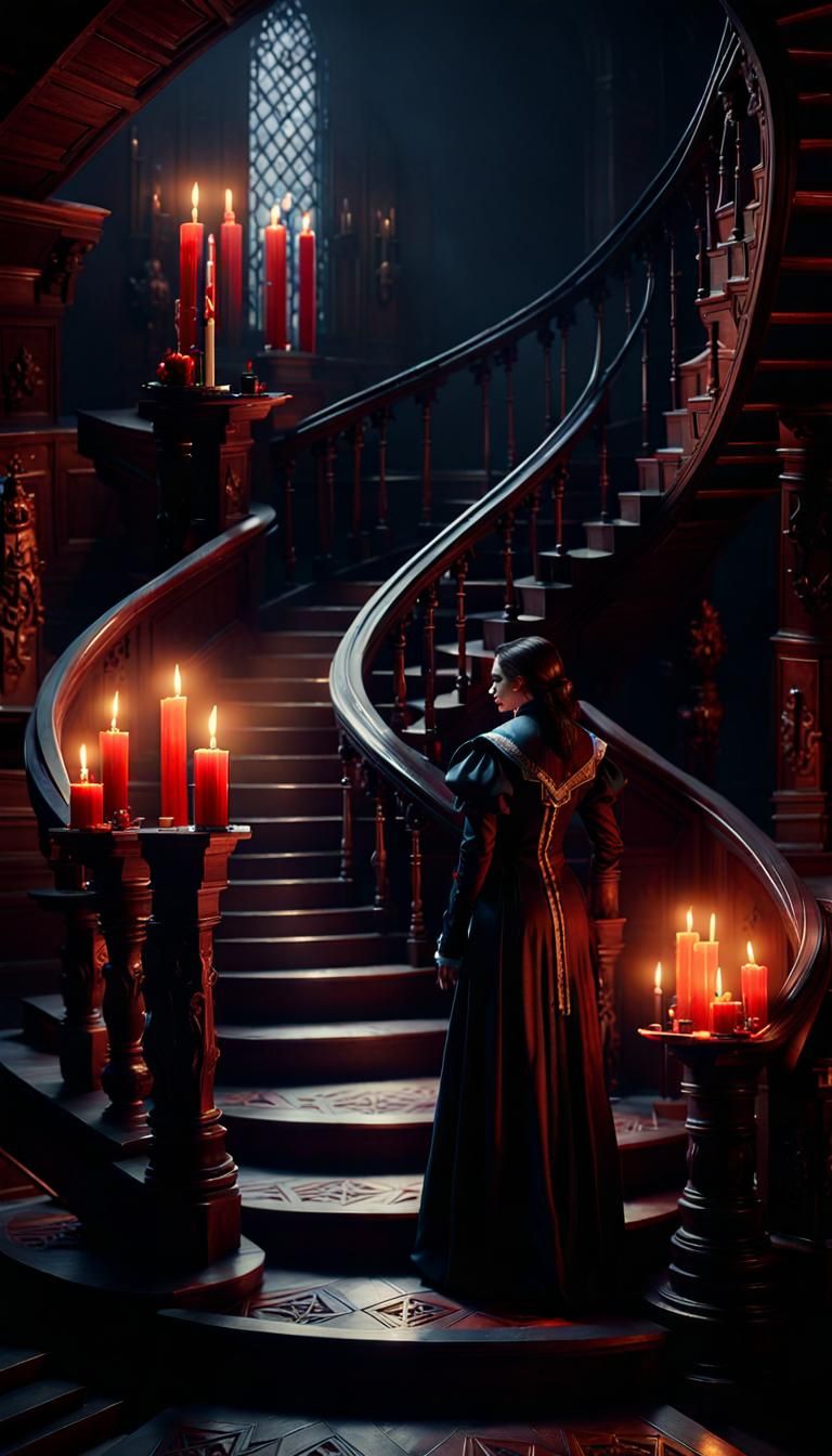 Vampire holding a bright candle, spiral staircase, heavy shadows 3D ...