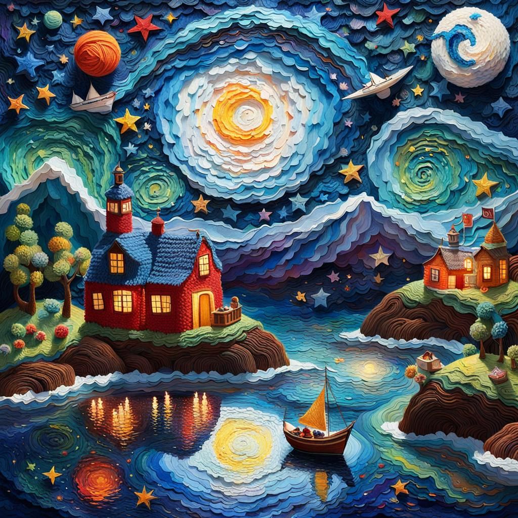 Award-winning with text lingo) over magical islands made of impasto ...