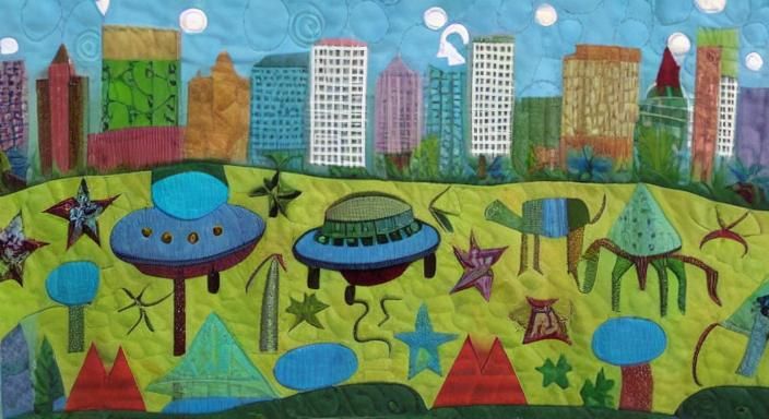 Child's quilt, aliens land in the city's park - AI Generated Artwork ...