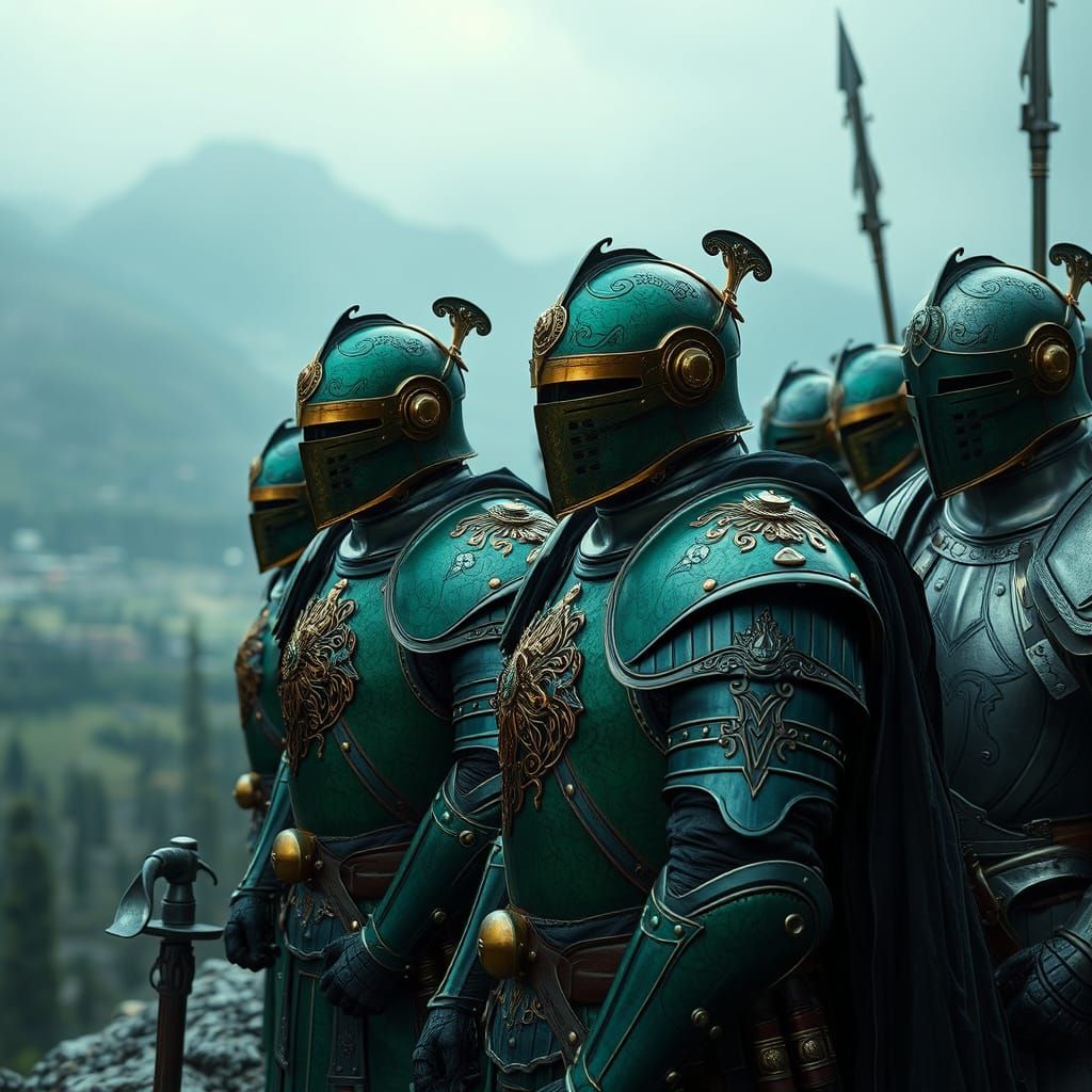 Emerald Steampunk Knights in Epic Medieval Landsca... - AI Art