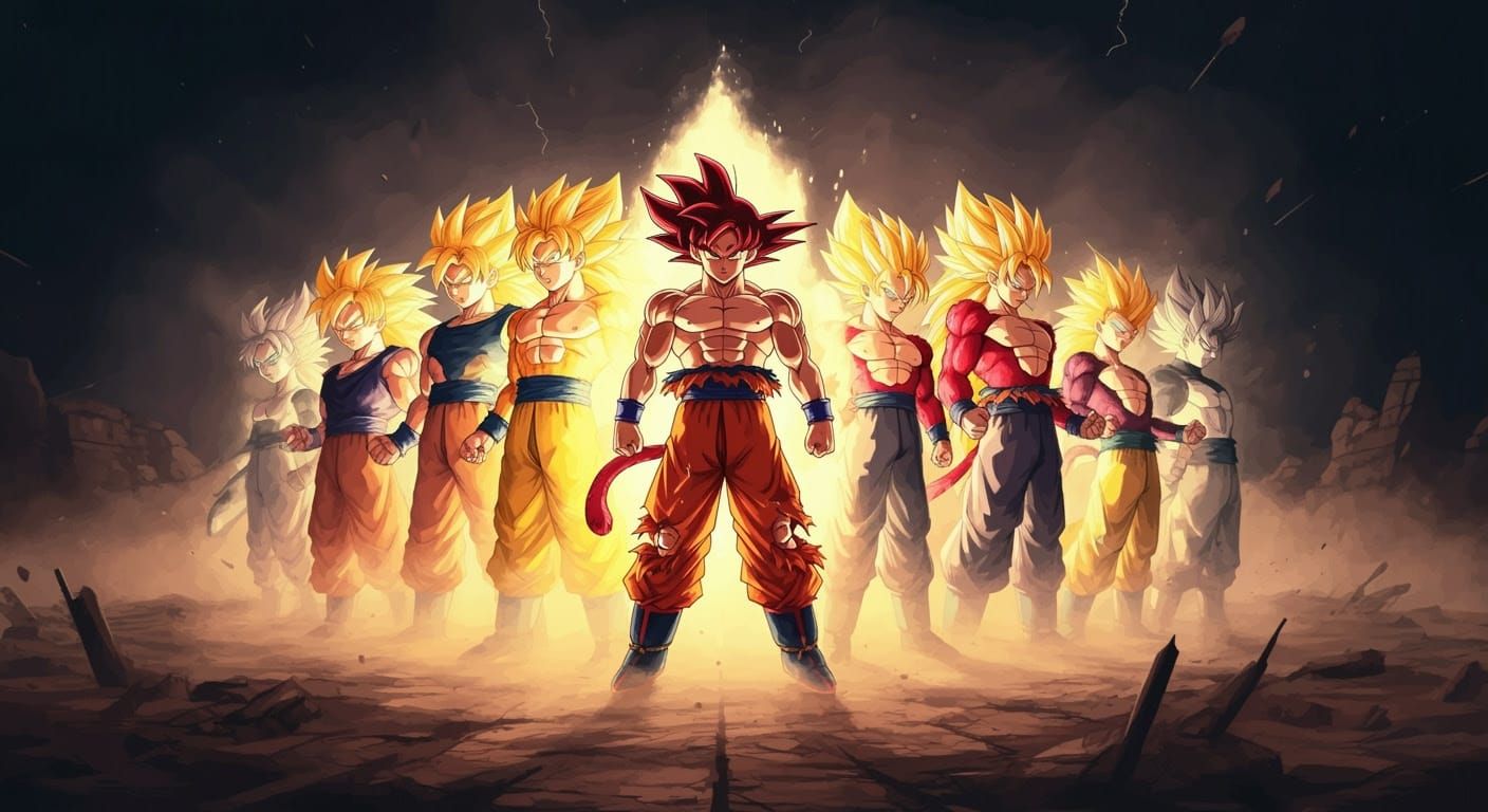 Goku's Iconic Super Saiyan Forms Unite in a Radian... - AI Art