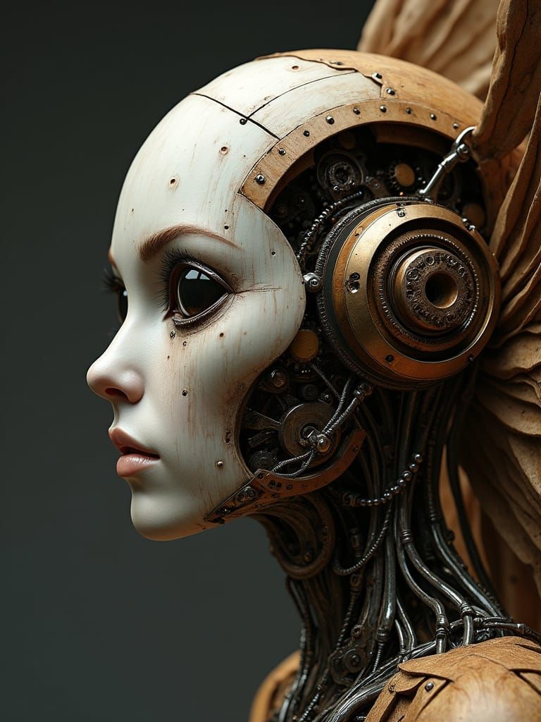 A hyper-realistic, dramatic portrait of a humanoid figure with both ...