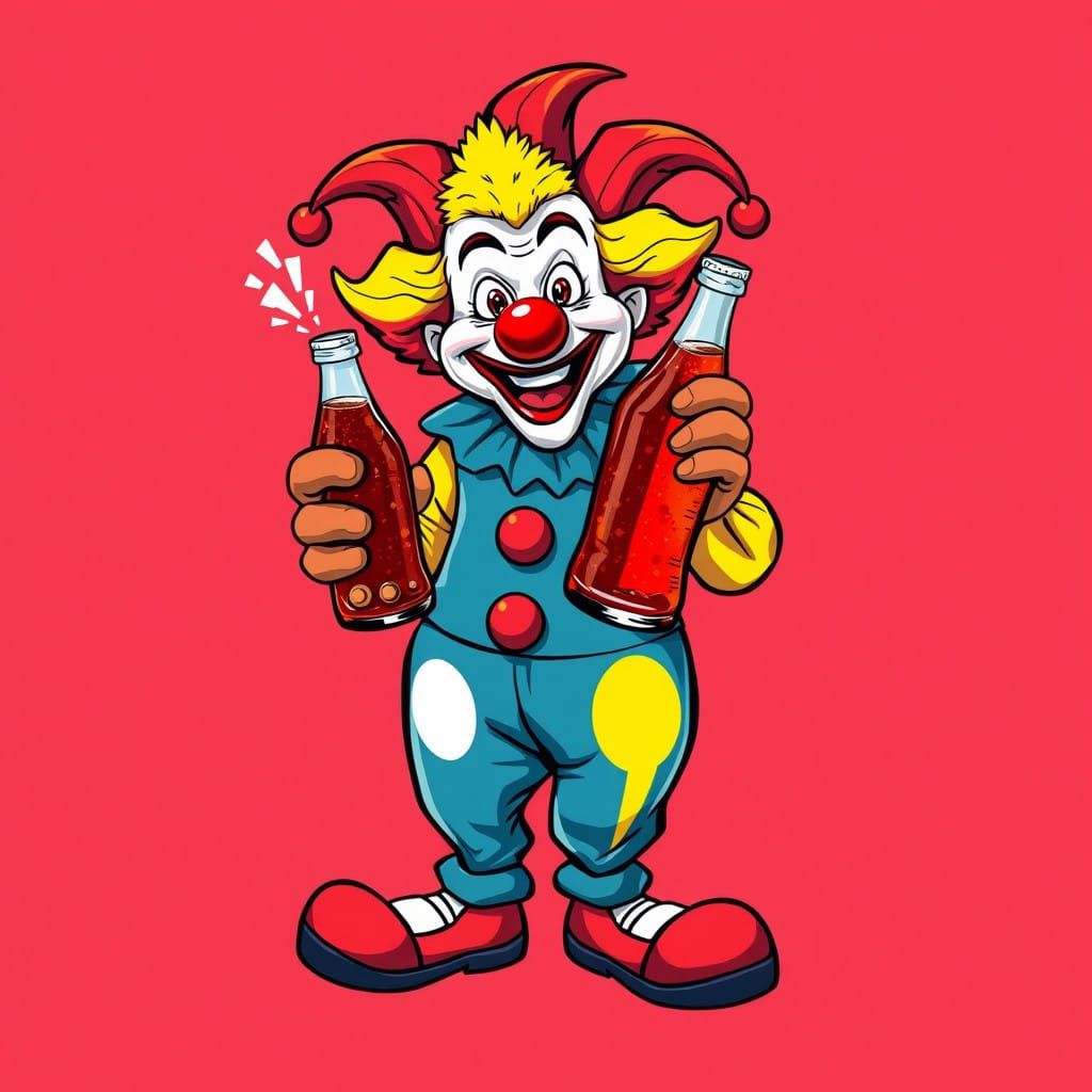 Soda Clown holding soda - Vibrant Soda Clown Character in Co...