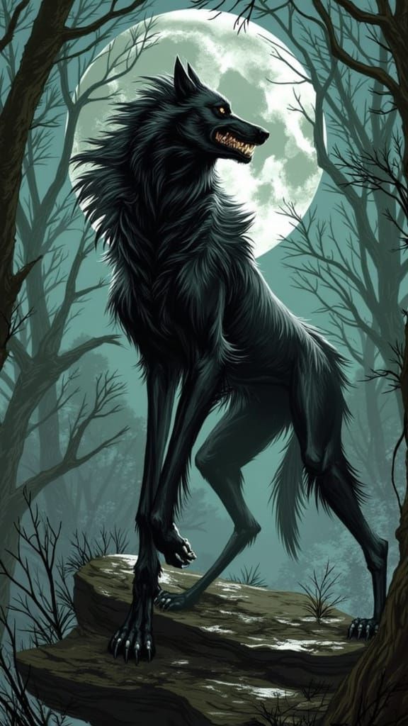 Majestic Black Werewolf Stands Proud in Mystical F... - AI Art