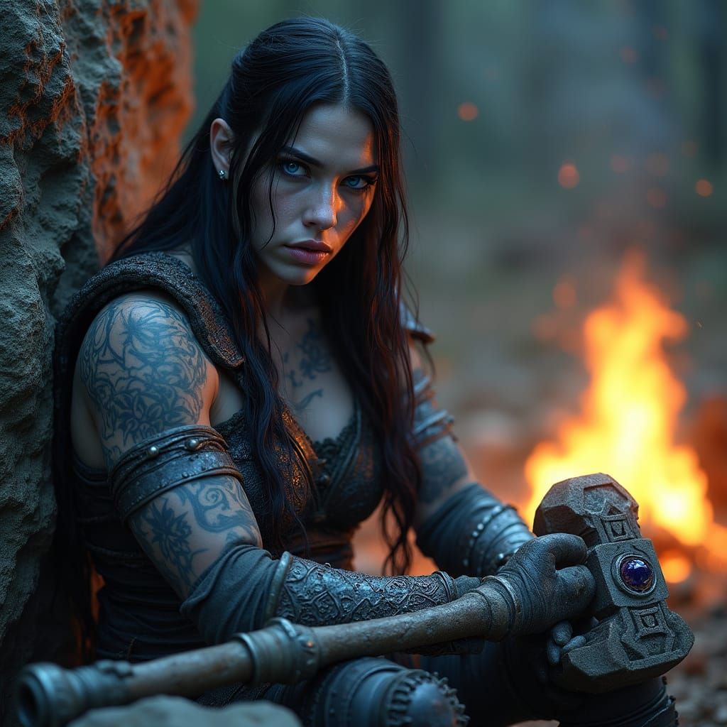Half-Orc Warrior Resting by Campfire: Cinematic Fa... - AI Art