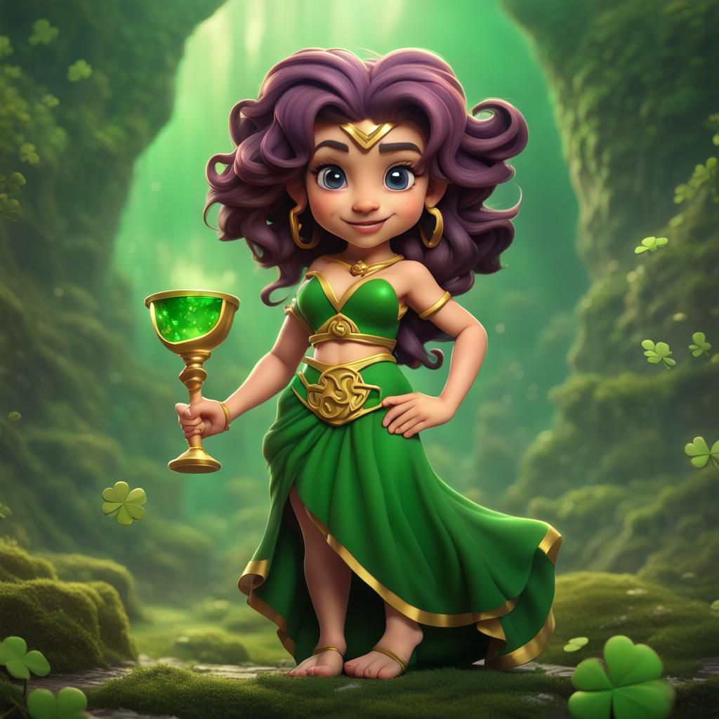 hyperrealistic megara from disney hercules as a st-patrick chibi, full ...