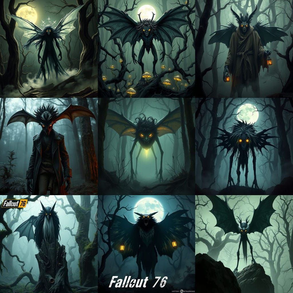 Fallout 76 Mothman with black and white hair gold eyes in the woods