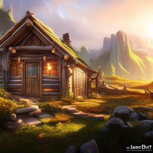 an epic and fantasy concept art of a log cabin built out of rainbow ...