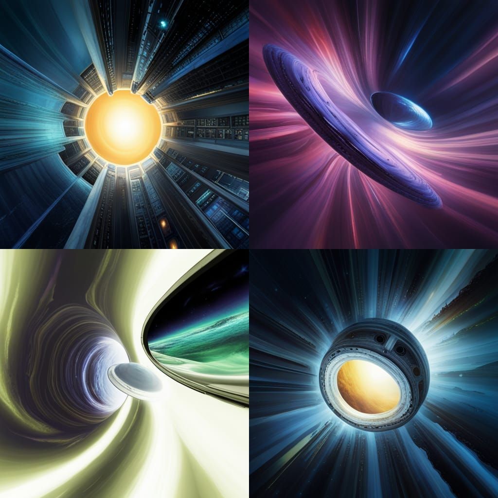 A beautiful matte painting of a UFO going through a wormhole portal ...