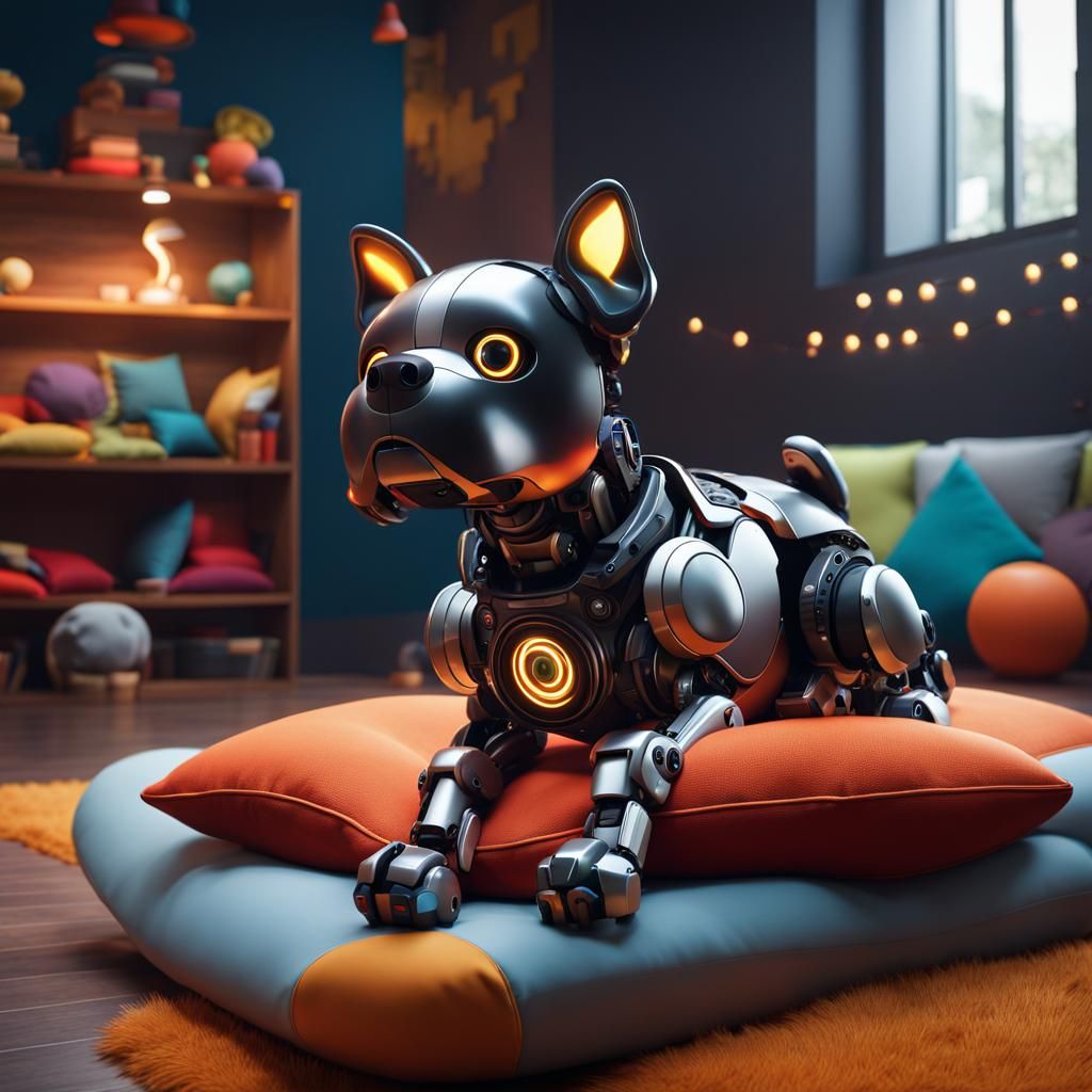 A cute robotic cyborg dog kawai big headed big black eyed Extra fuzzy ...