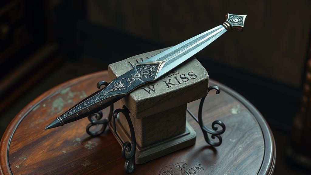 Mystical Dagger Rests on Ancient Stone Pedestal in... - AI Art