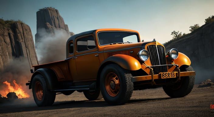 Vintage Hot Rod Engulfed in Flames, Cyberpunk Real... - AI Art