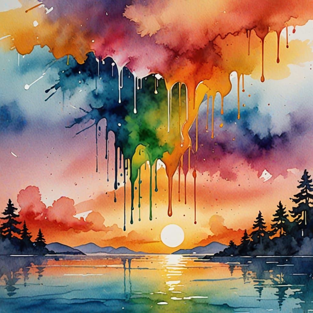Dripping in Paint effect Sunset over summerscape as watercolour ...