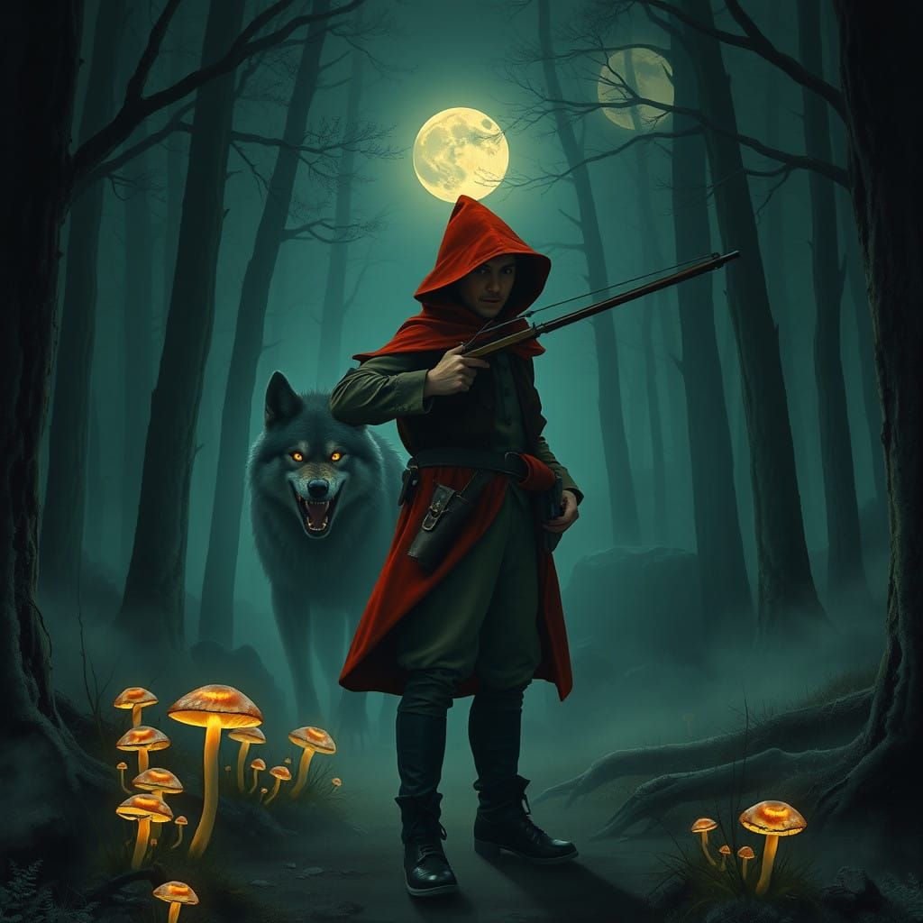 Hunter Little Red Riding Hood Confronts the Noctur... - AI Art