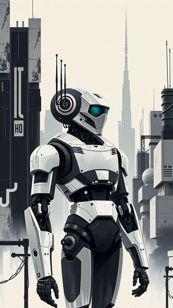 Monochromatic Cubist Robot in Dystopian Cityscape - AI Art