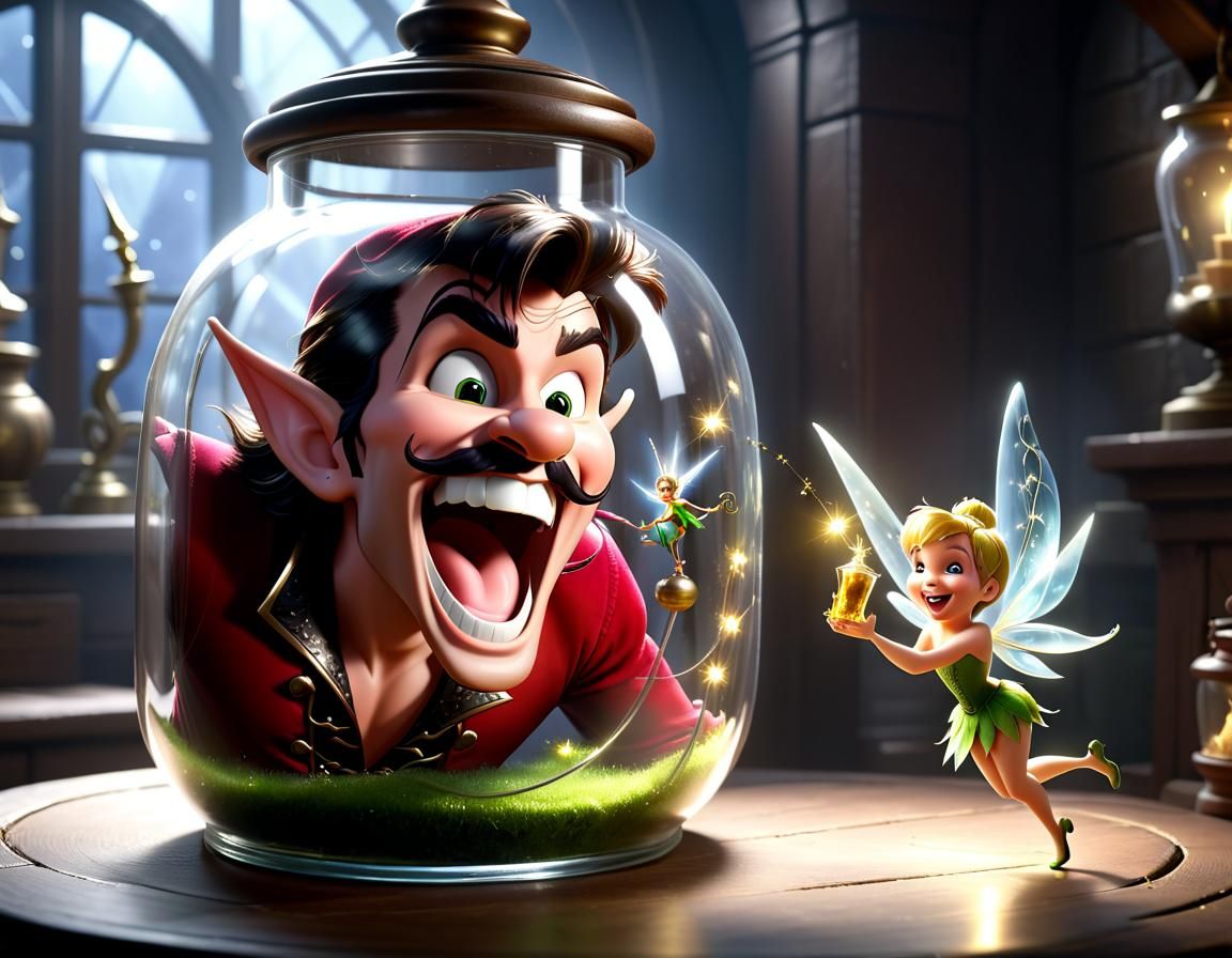 Captain Hook laughing maniacally at Tinkerbell trapped in a glass jar ...