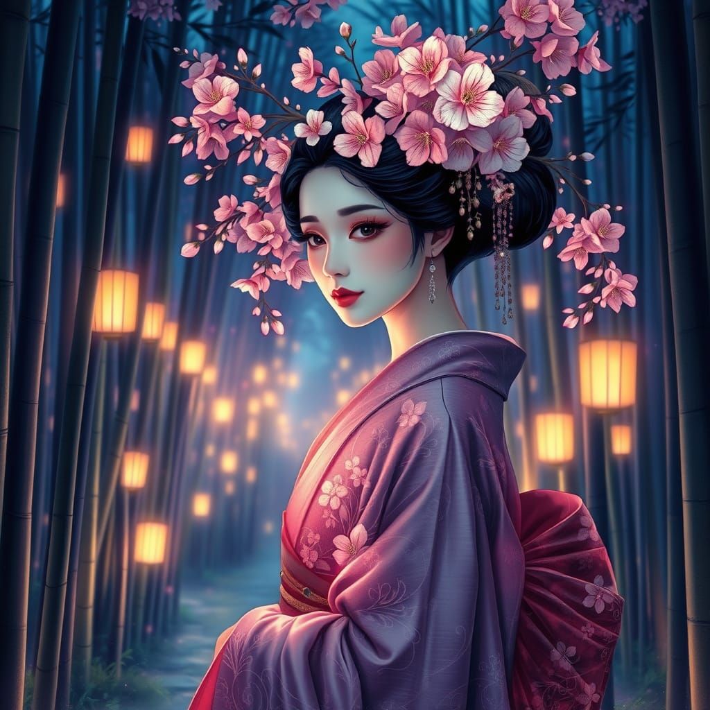 Geisha and Sakura Flowers - Ethereal Geisha Amidst Blooming ...