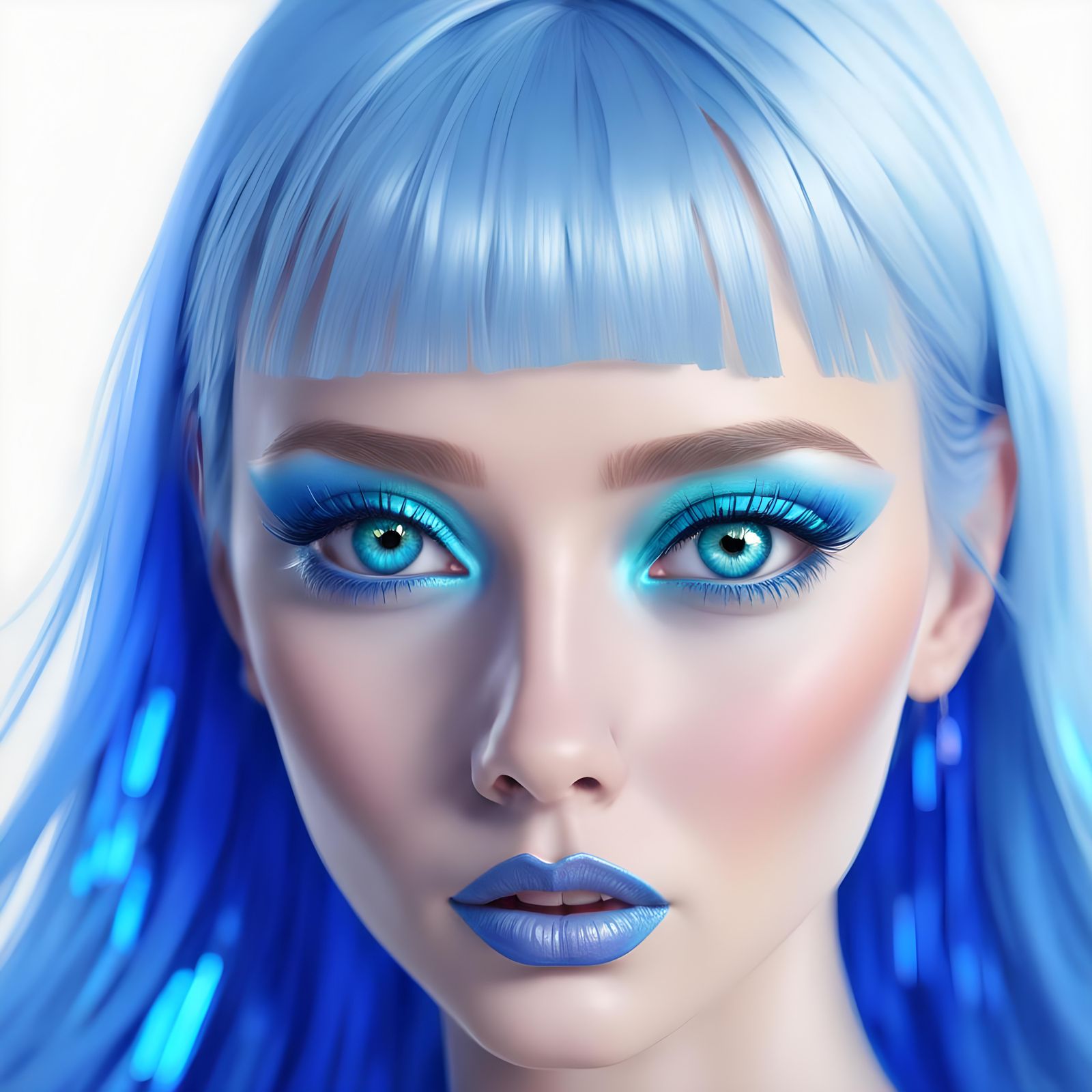 Realistic portrait of ethereal young lady with blue hair and blue eyes ...