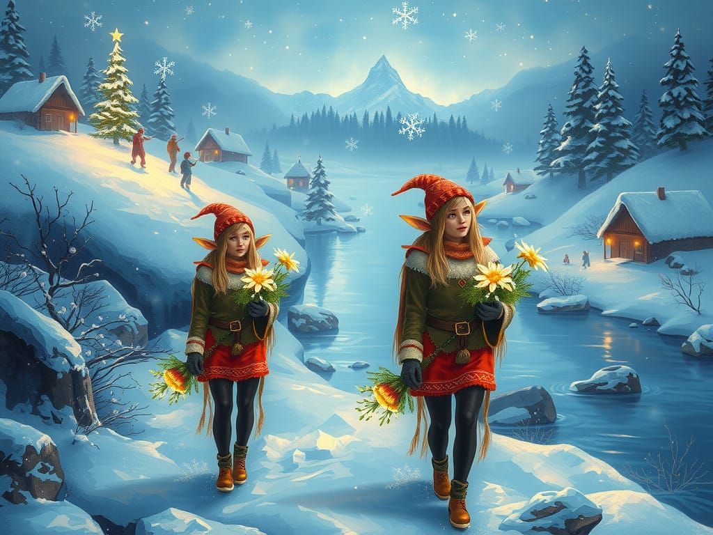 Elves walking in a winter wonderland
