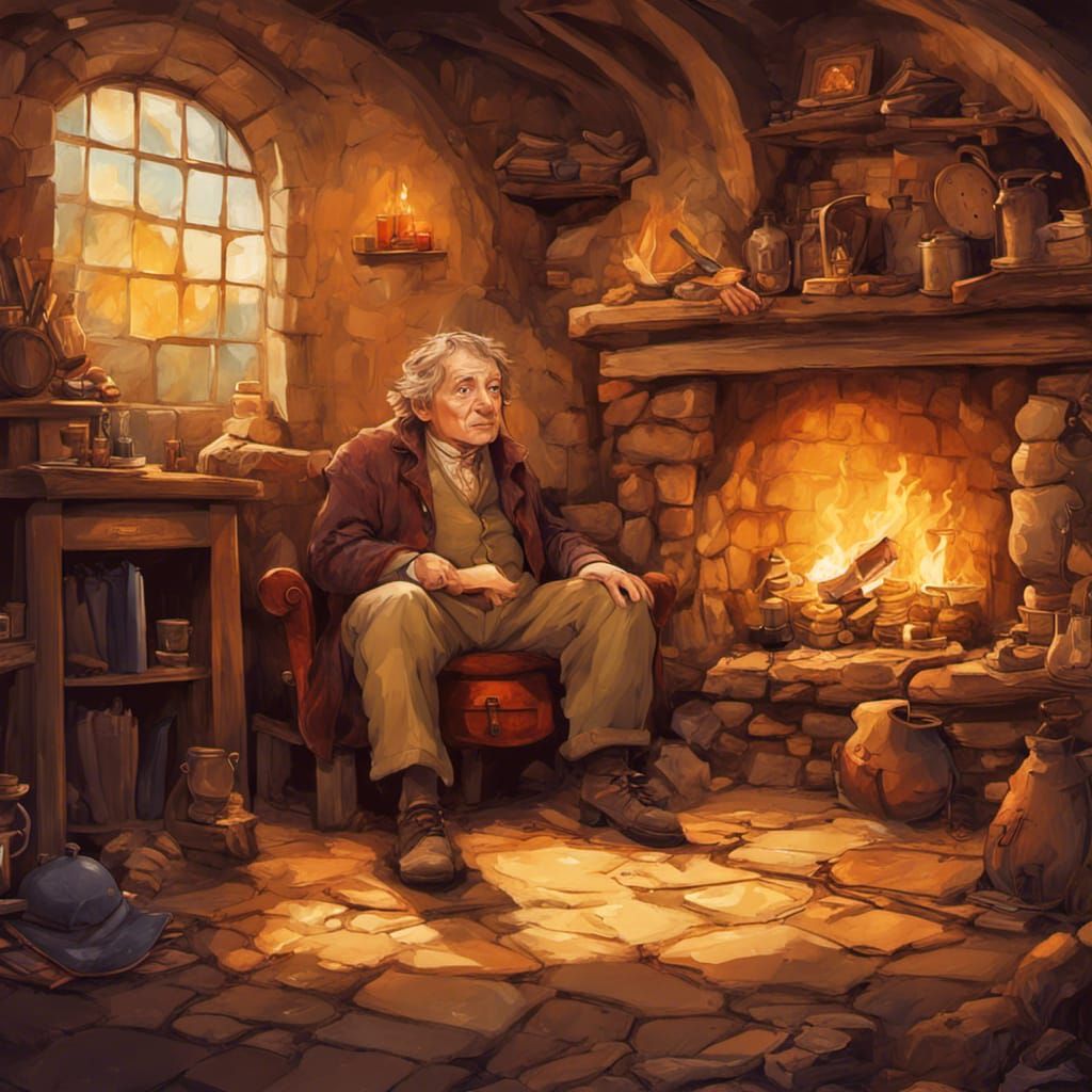Bilbo sitting in front of the fireplace at Bag End. The Hobbit. Warm ...