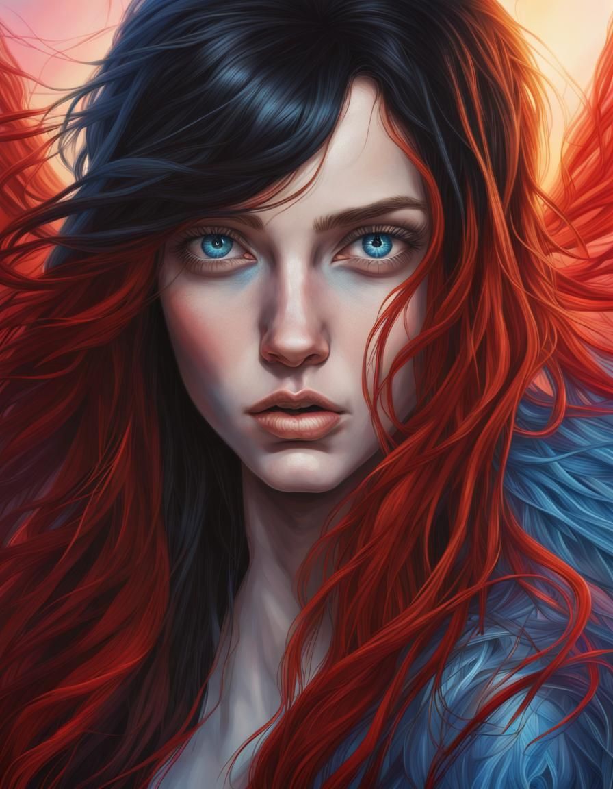 Angel, long black and red hair, blue eyes, Hyperrealistic, concept art ...