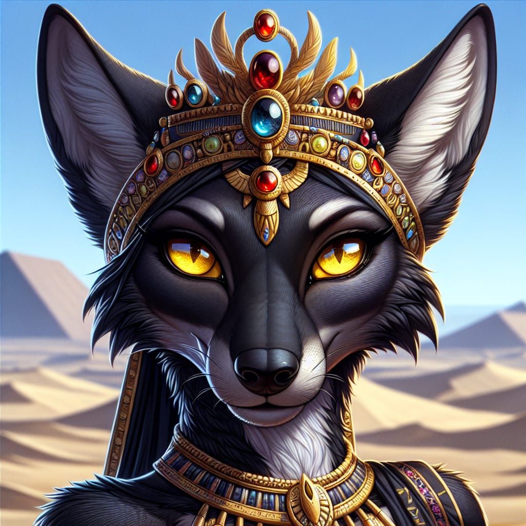female anubian jackal princess black fur yellow eyes anthro - AI ...