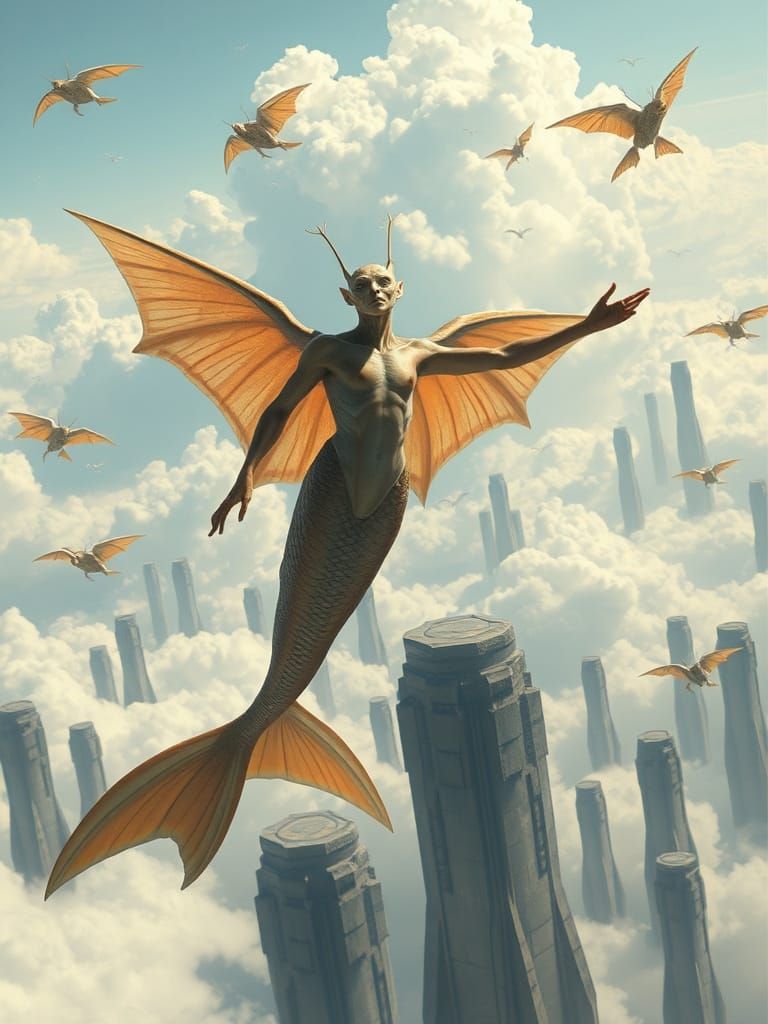 Ethereal Sky Merman in Flight with Alien Features - AI Art