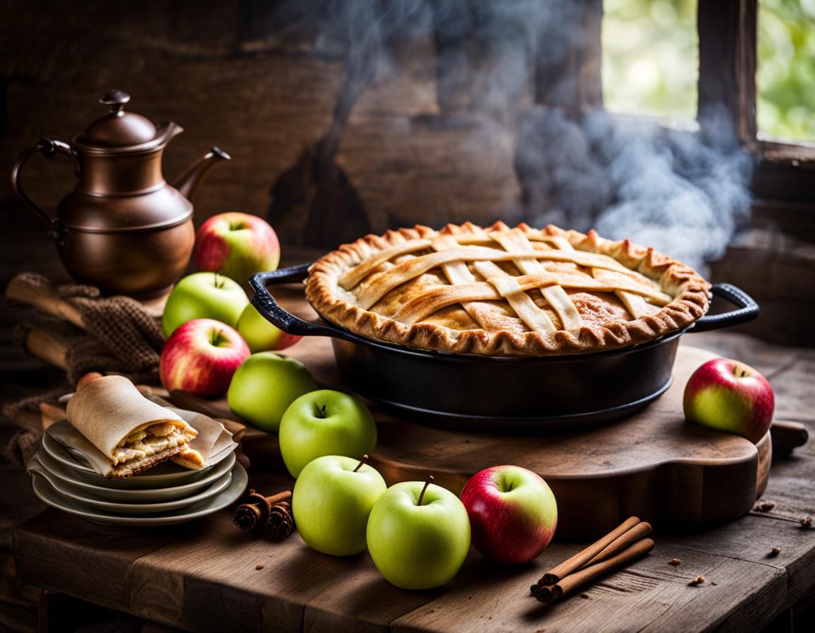 appetizing hot steaming freshly cooked apple-pie, old kitchen setting ...