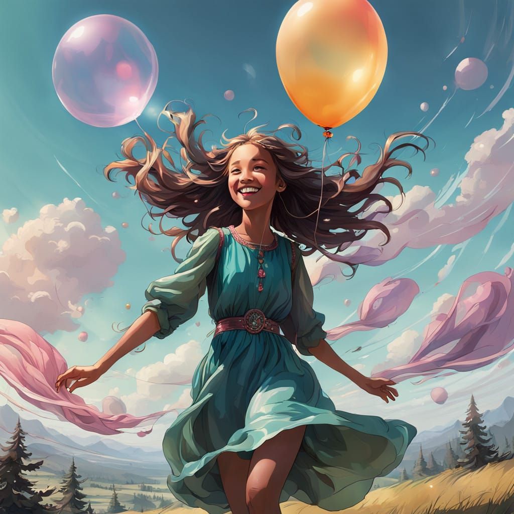 Joyful Girl Defies Gravity with Vibrant Balloon an... - AI Art