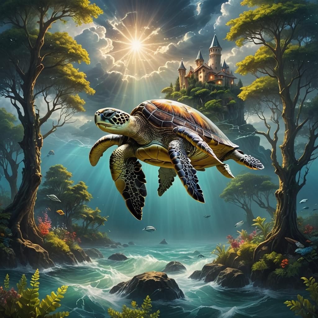 Dreamy Surreal, a huge sea turtle swims through a stormy ocean - AI ...