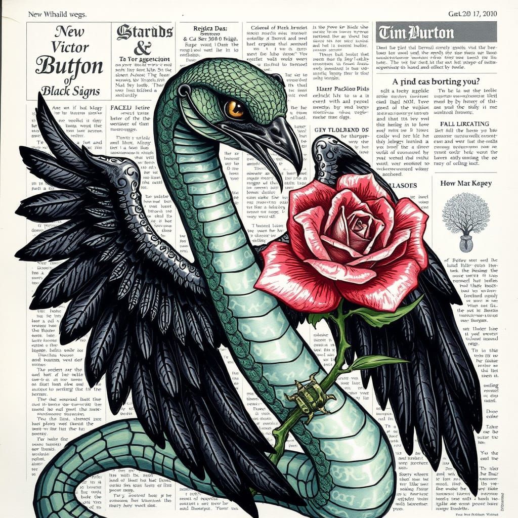 winged snake, with sage rose and black scales ink drawing pop art ...
