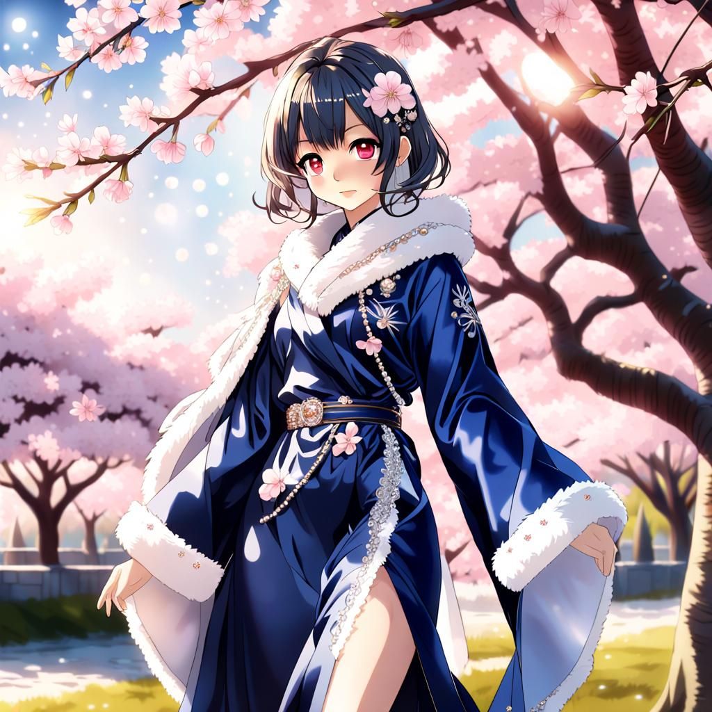 Anime Girl in long dark blue coloured Lace-Trim Satin Belte enveloped ...