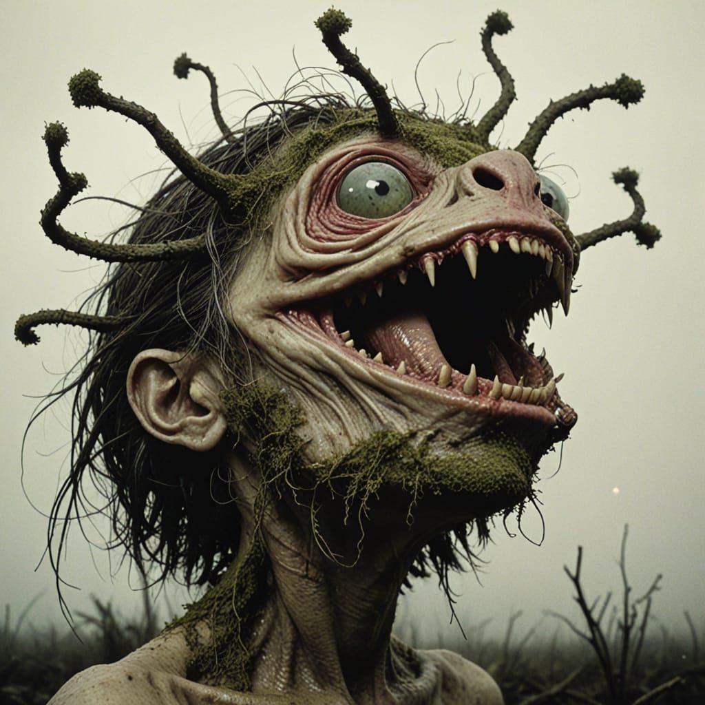 In a dystopian, nightmarish realm, a grotesque, humanoid monster ...