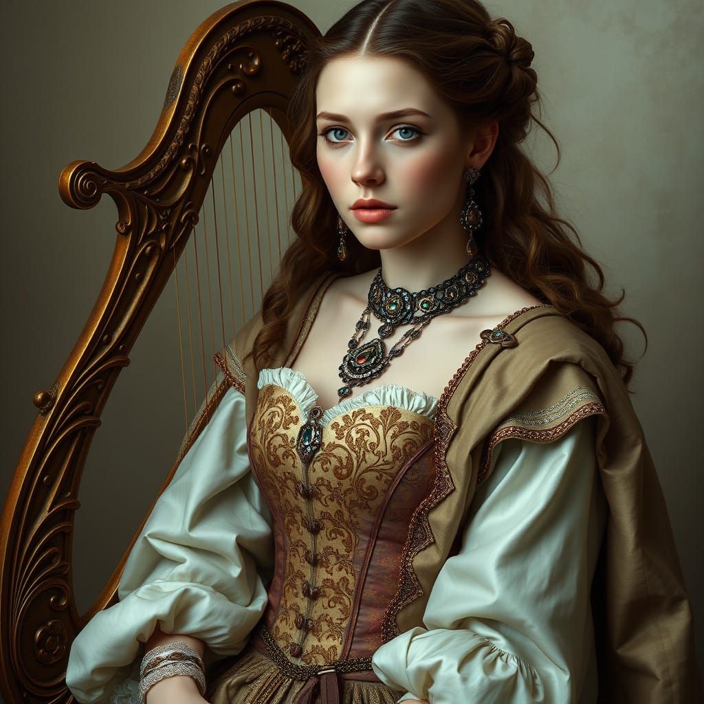 Ethereal Renaissance Beauty Plays Ancient Harp in ... - AI Art