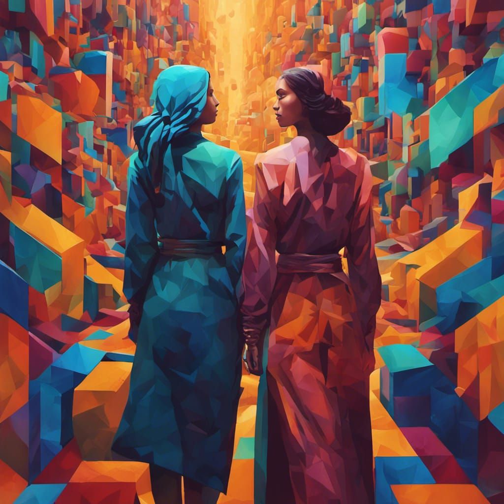 Duas mulheres andando de mãos dadas, cubismo, cores vividas, dinamismo ...