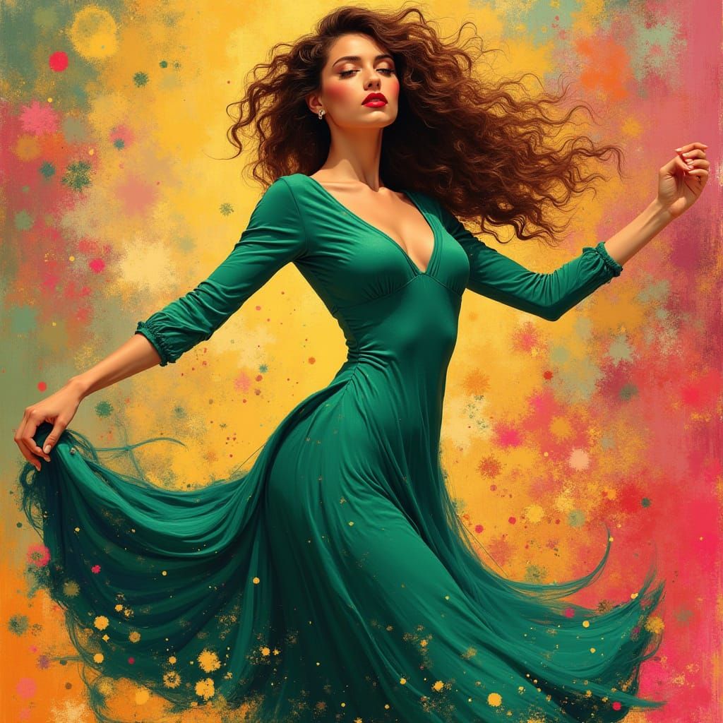 Vibrant Jazz Dancer in Emerald Green, Swirling Bac... - AI Art