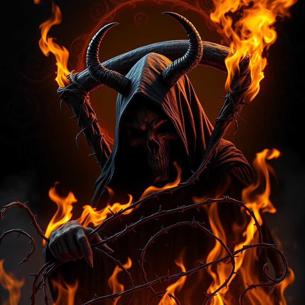 Dark Gothic Reaper with Horns, Adorned with Spiral... - AI Art